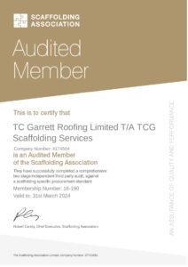 Scaffold Association Certificate | T C Garrett Roofing Ltd